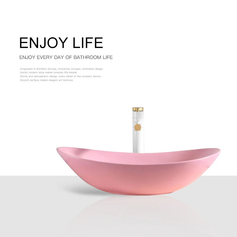 Ceramic Wash Basin Counter Shell Shaped Bathroom Matte Pink Solid ...