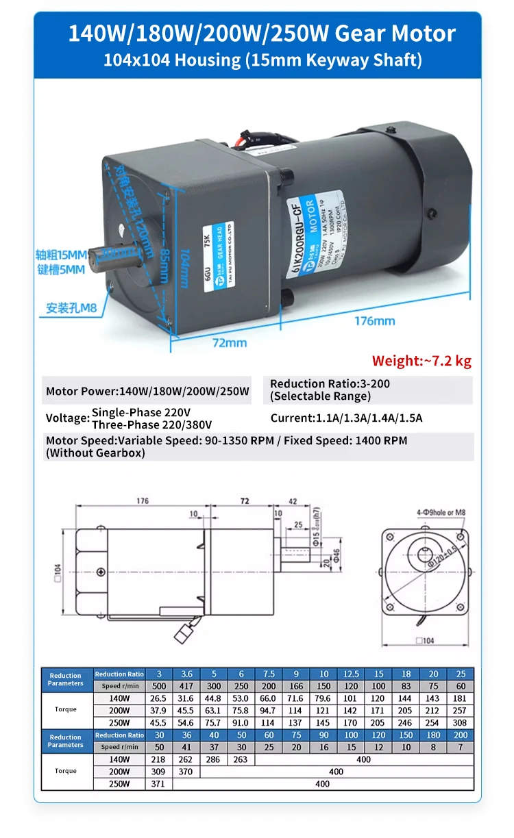 Low Speed High Torque Single Phase Three Phase110-220V 10W-90W 120W ...
