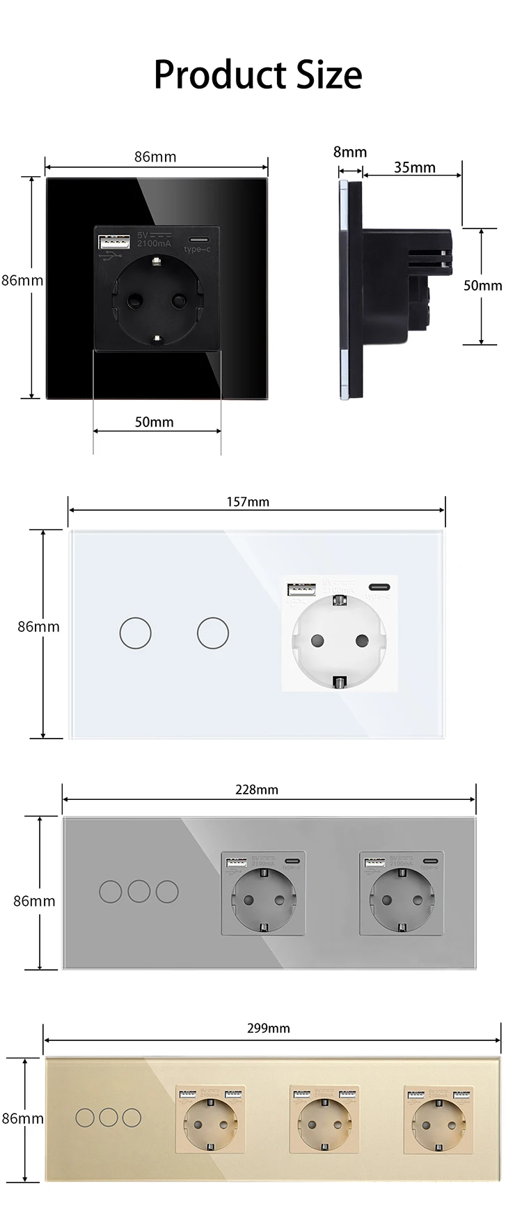 EU Wall Socket USB Type-C Light Switch Combination Crystal Glass Panel ...