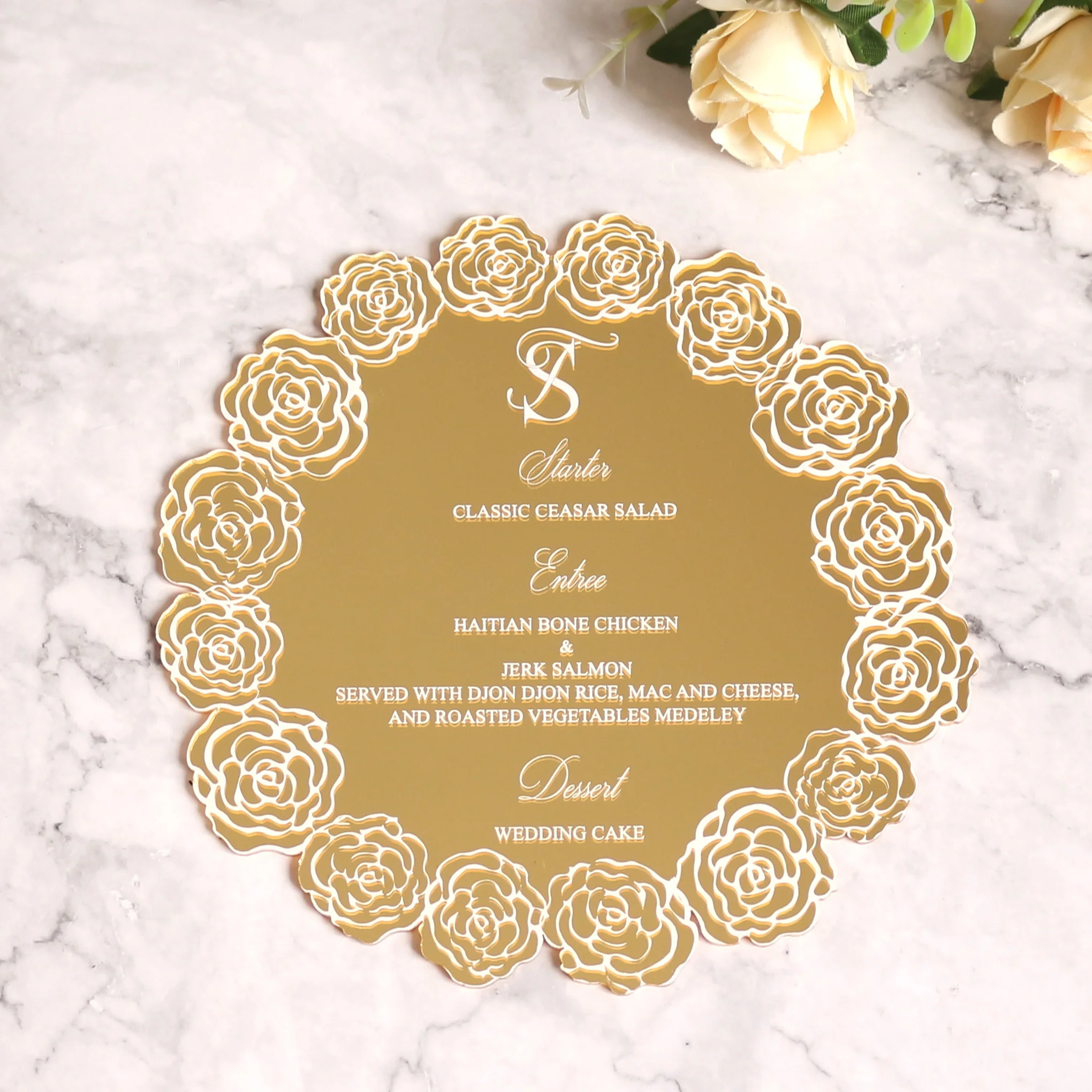 Elegant Wedding Menu Cards with Bling Gold Mirror Acrylic