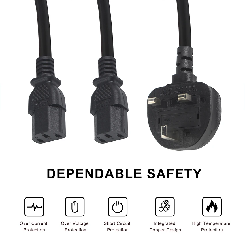 TWO Way Splitter Bsi 13a Ac Cable 1.8m Bs Plug Uk Power Cord Iec 2x C13 ...