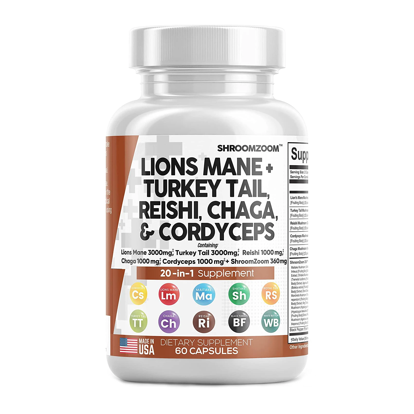 Lions Mane 20 In 1 Mushroom Supplement Pills With Turkey Tail Reishi ...