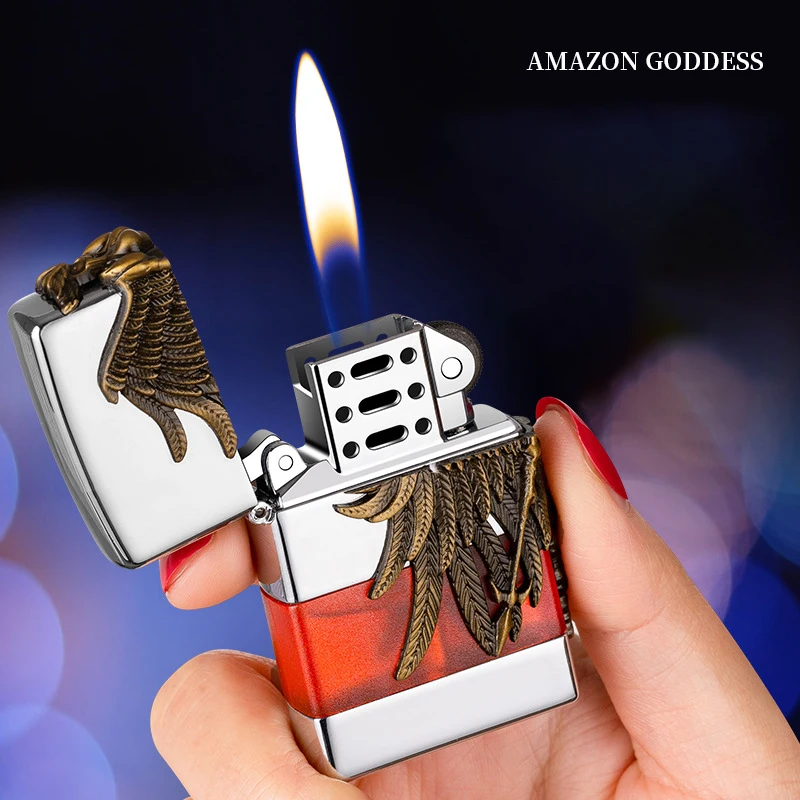 Embossed Female Warrior Metal Lighter Inflatable Butane Lighter Open ...