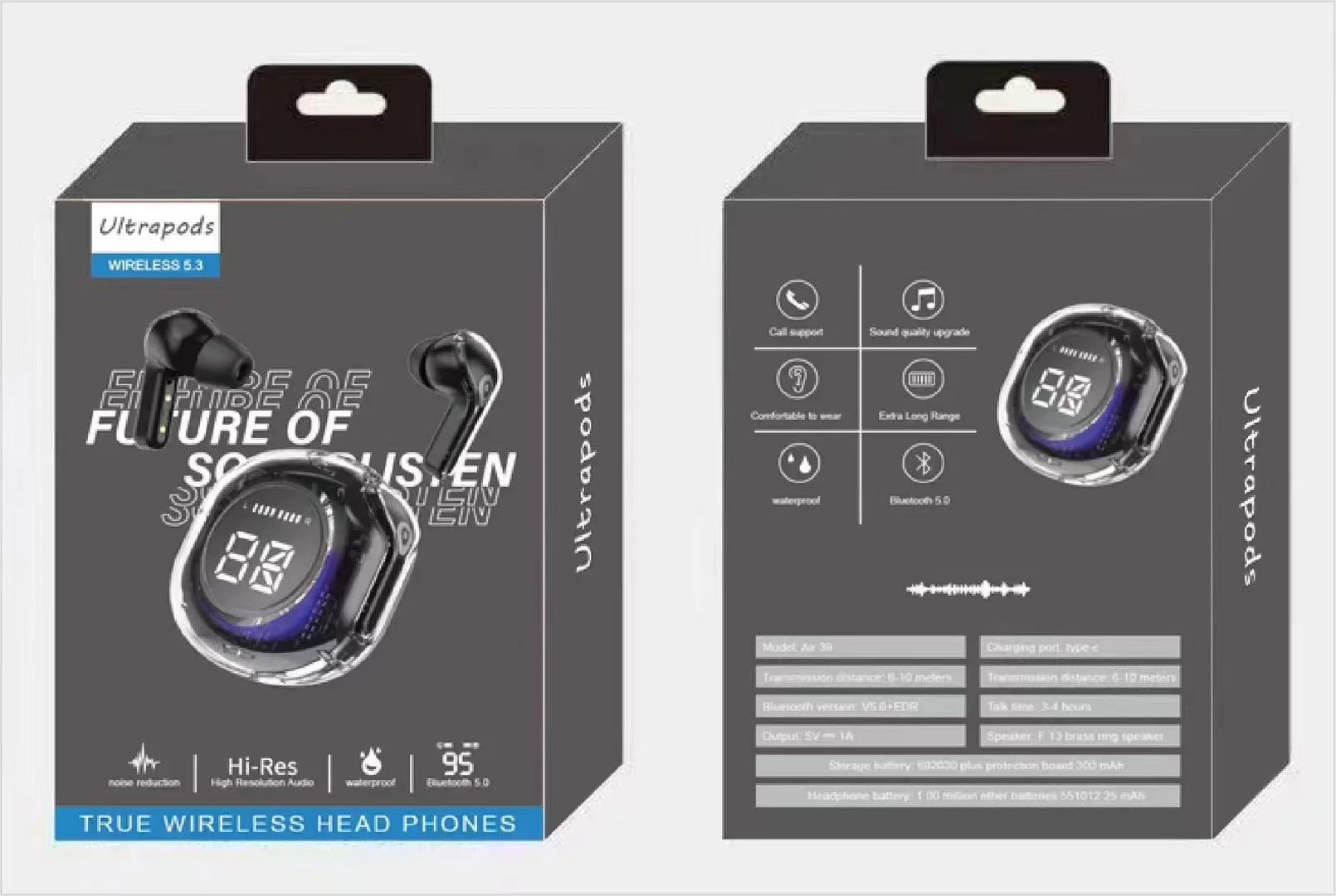 Tws Air39 Crystal Portable Bt Led Display Mini Wireless Earbuds Gaming ...