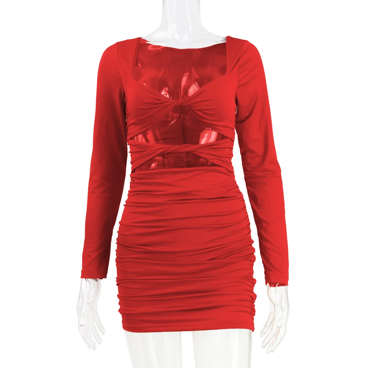 New Arrival Long Sleeve Deep V Neck Hollow Out Pleated Mini Sexy Female ...