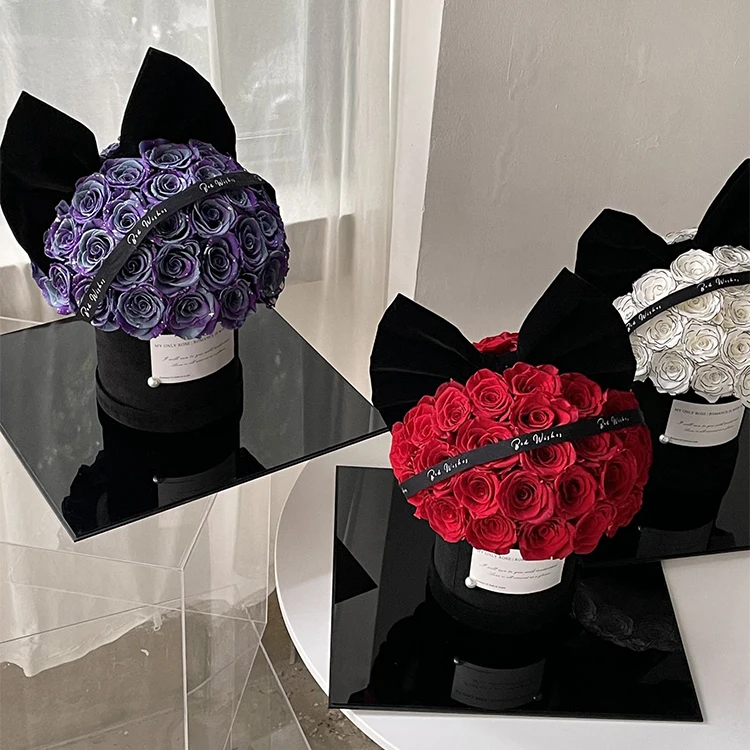 Bowknot Eternal Flower Embracing Bucket Preserved Rose in Acrylic Box ...