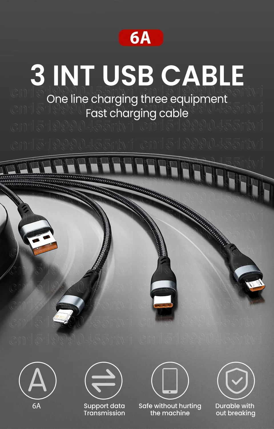 6a 3 In 1 Supercharging Cable Micro Usb Type-c Fast Charger Micro Usb ...