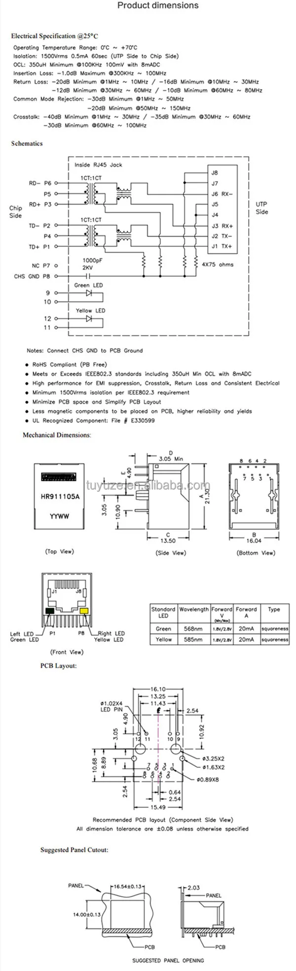 Hr911105a Rj45 Ethernet Pcb Mounted Connectors Hr911105a Integrated ...