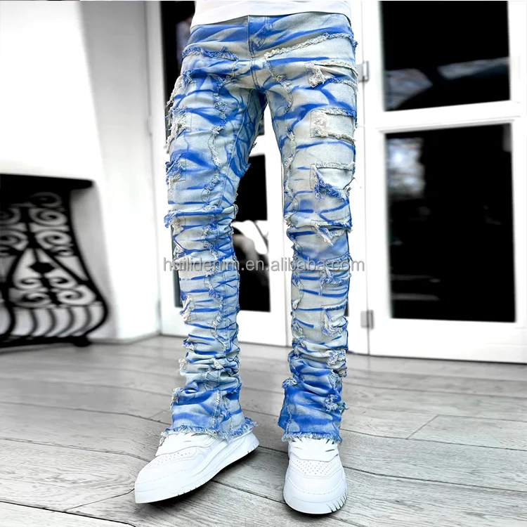 New Arrival Sapphire Blue Stacked Denim Pants Men Wholesale Raw Hem ...