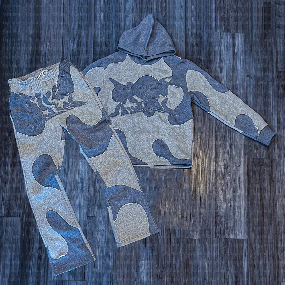 Custom Men Heavyweight Cotton Patchwork Sweatsuit Distressed Acid Wash ...