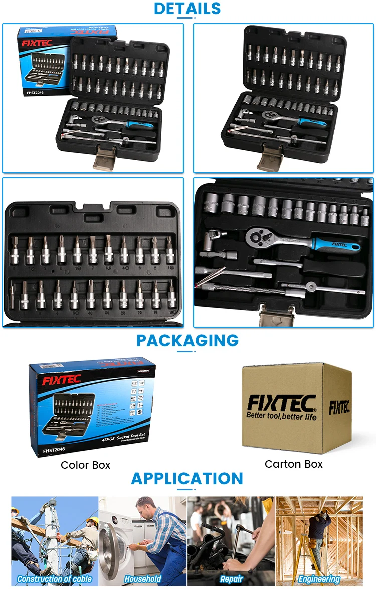 Fixtec Hand Tools Set Adjustable Long Handle Ratchet Wrench 46pcs Car ...