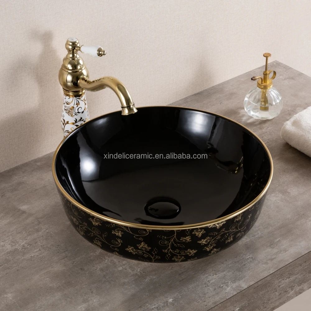 Luxury Black Gold Above Counter Basin Round Bowl Shaped Porcelain ...