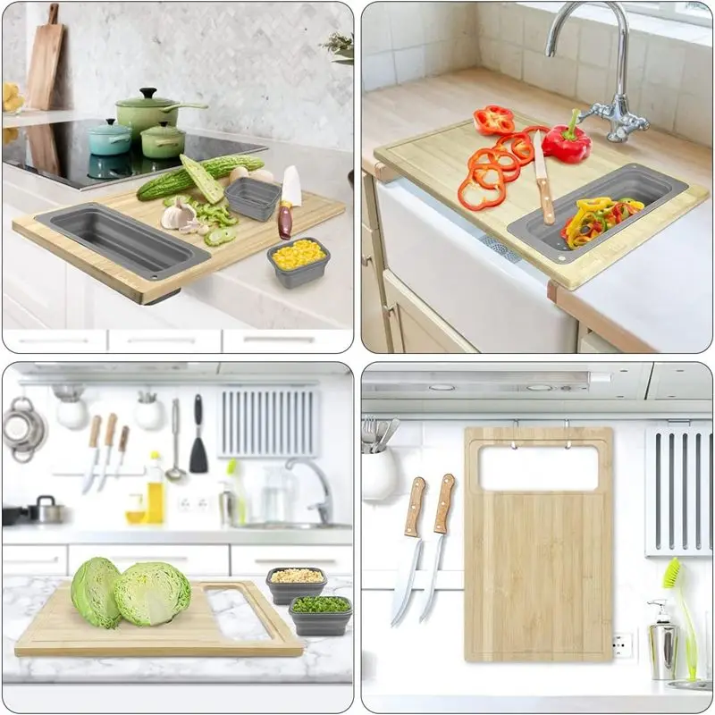 Expandable Bamboo Chopping Board With Collapsible Silicone Colander ...