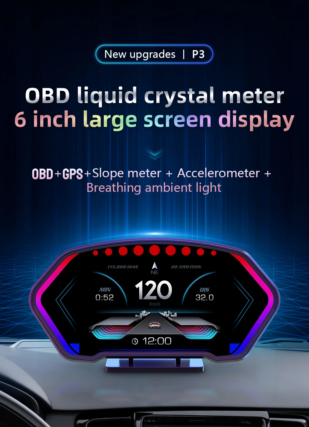Universal Smart Gauge 6Inch Display OBDII Speedometer Water Temperature/Voltage/Clock Overspeed ...