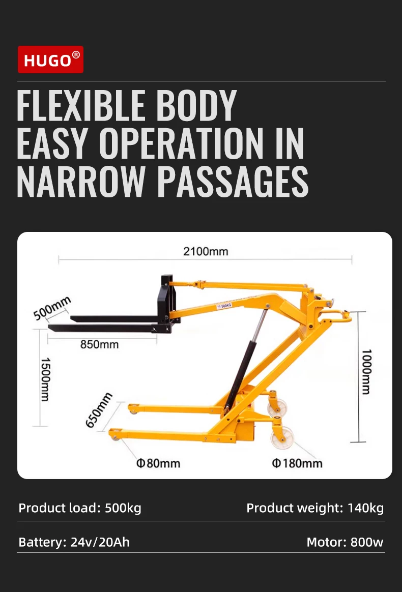 500kg 1.5m HUGO Simple Portable Folding Electr Pallet Foldable Forklift Electric Stacker ...