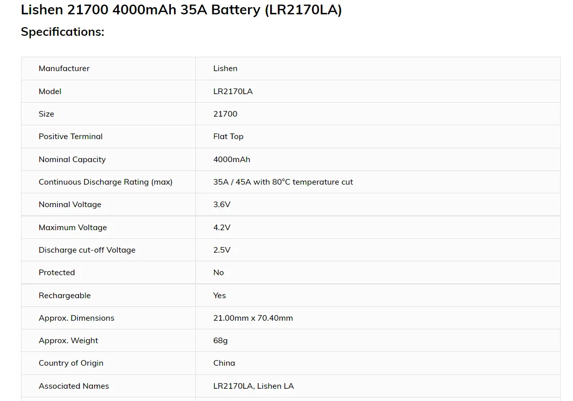 Lishen 21700 Battery - 4000mah, 10c Li-Ion Rechargeable