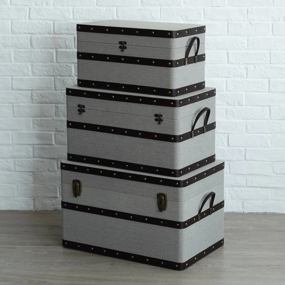 Wooden Storage Trunk Boxes Set Rectangle Shape with Canvas Surface PU ...