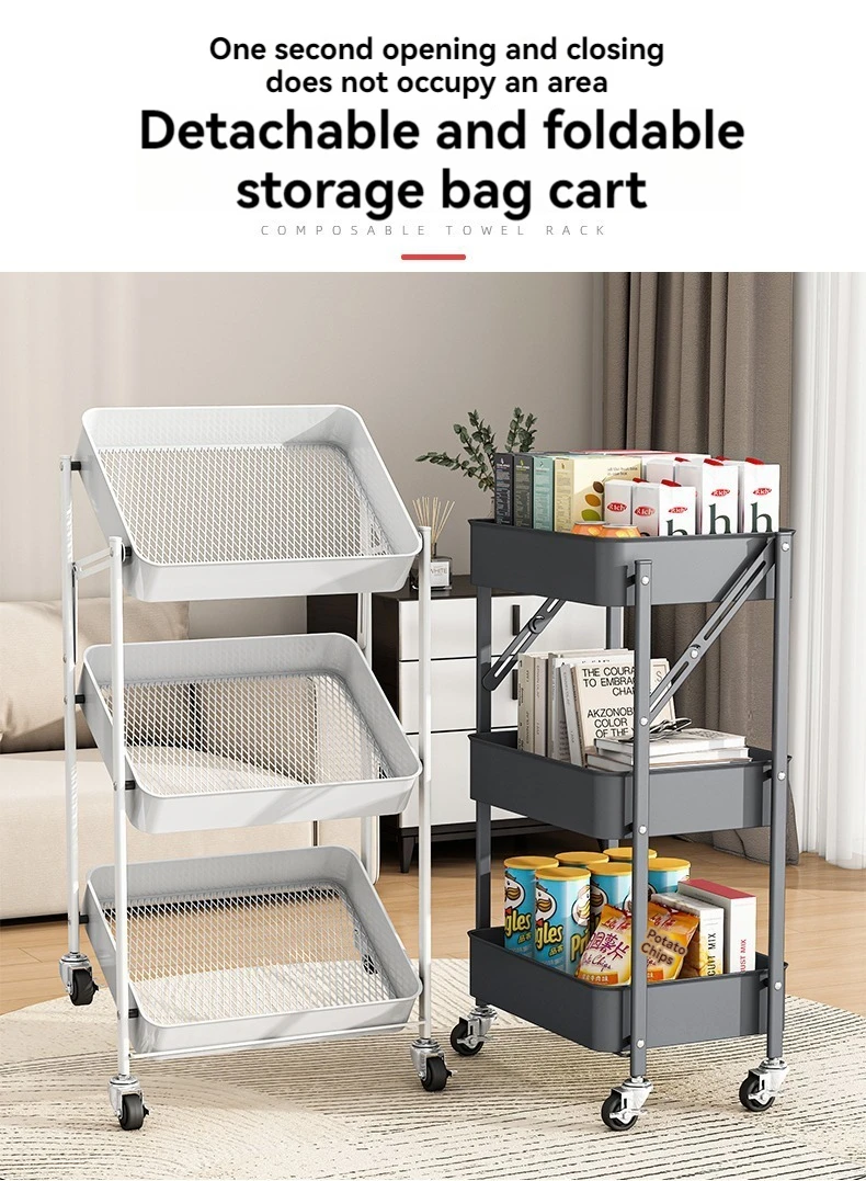 Custom 3-tier Iron White Fold Rolling Utility Cart Organizer Storage ...