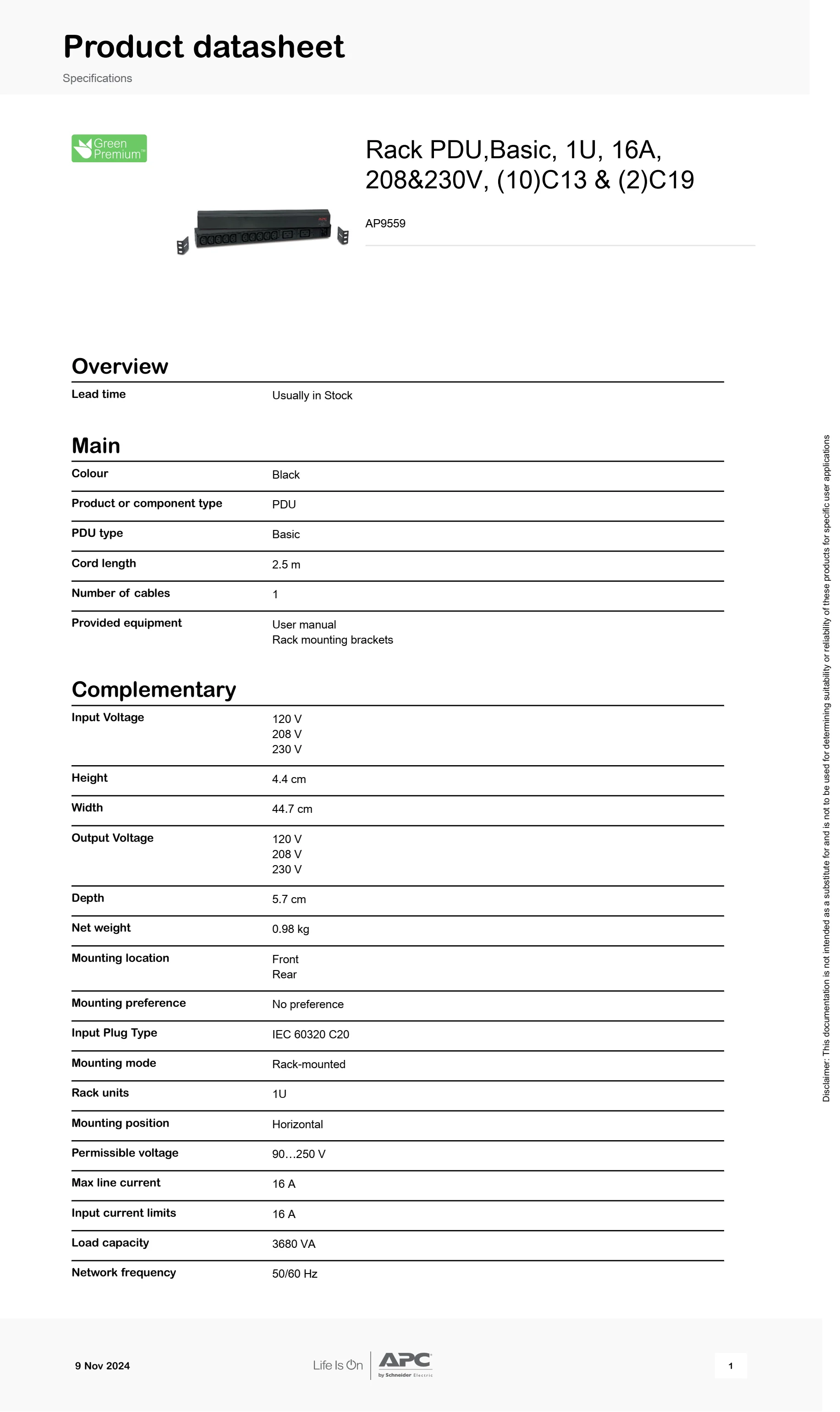 APC PDU AP9559 Rack PDU Basic 1U 16A 208V 230V Power Distribution Unit ...