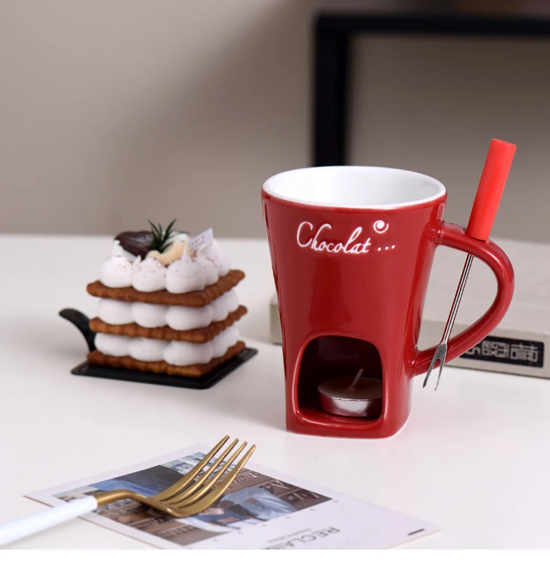 Personal Chocolate Fondue Mug Set - Ceramic Mugs with Forks