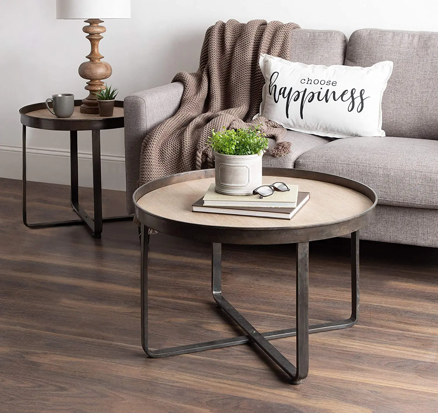 Modern Farmhouse Round Coffee Table Rustic Side Table Metal Wooden Tray ...