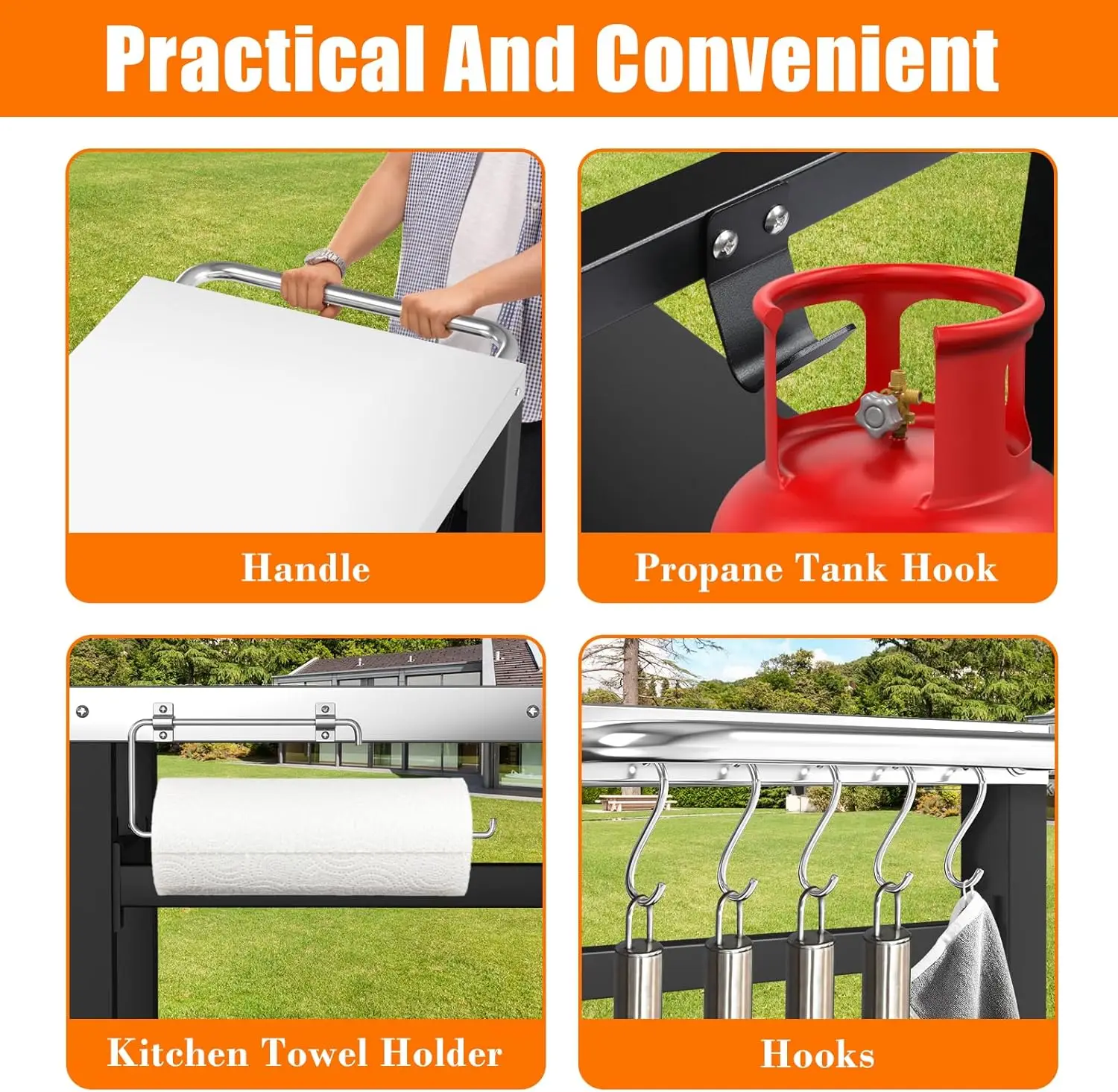 Rolling Grill Table with Storage Cabinet - 3-Shelf Prep