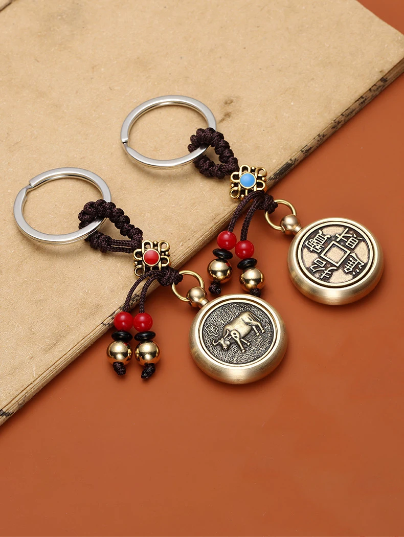 Chinese 12 Zodiac Keychain Handmade Rotatable Brass Cultural Zodiac ...