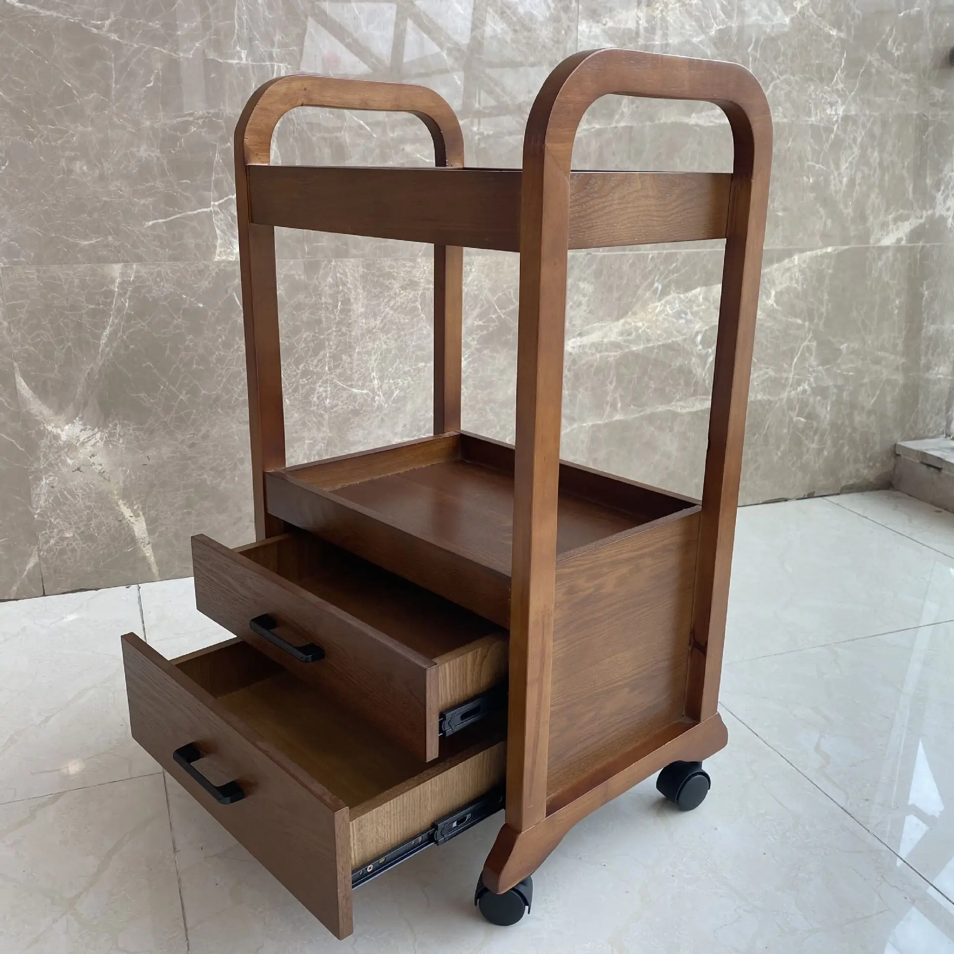 Solid Wood Nail Salon Storage Trolley Double Drawer Beauty Bed Tools ...