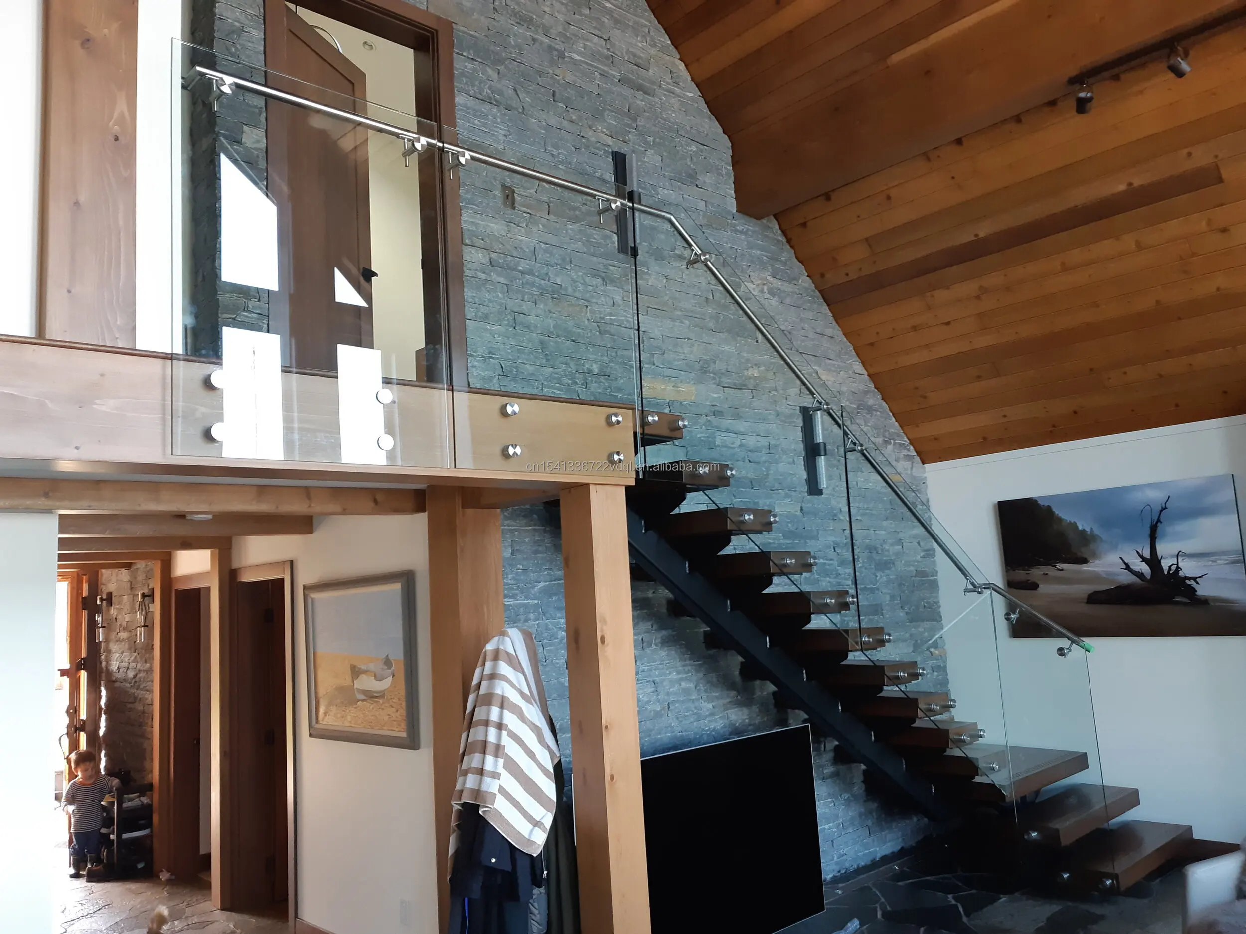 Villa Office Stair Glass Handrail Aluminum Magnesium Column Glass ...