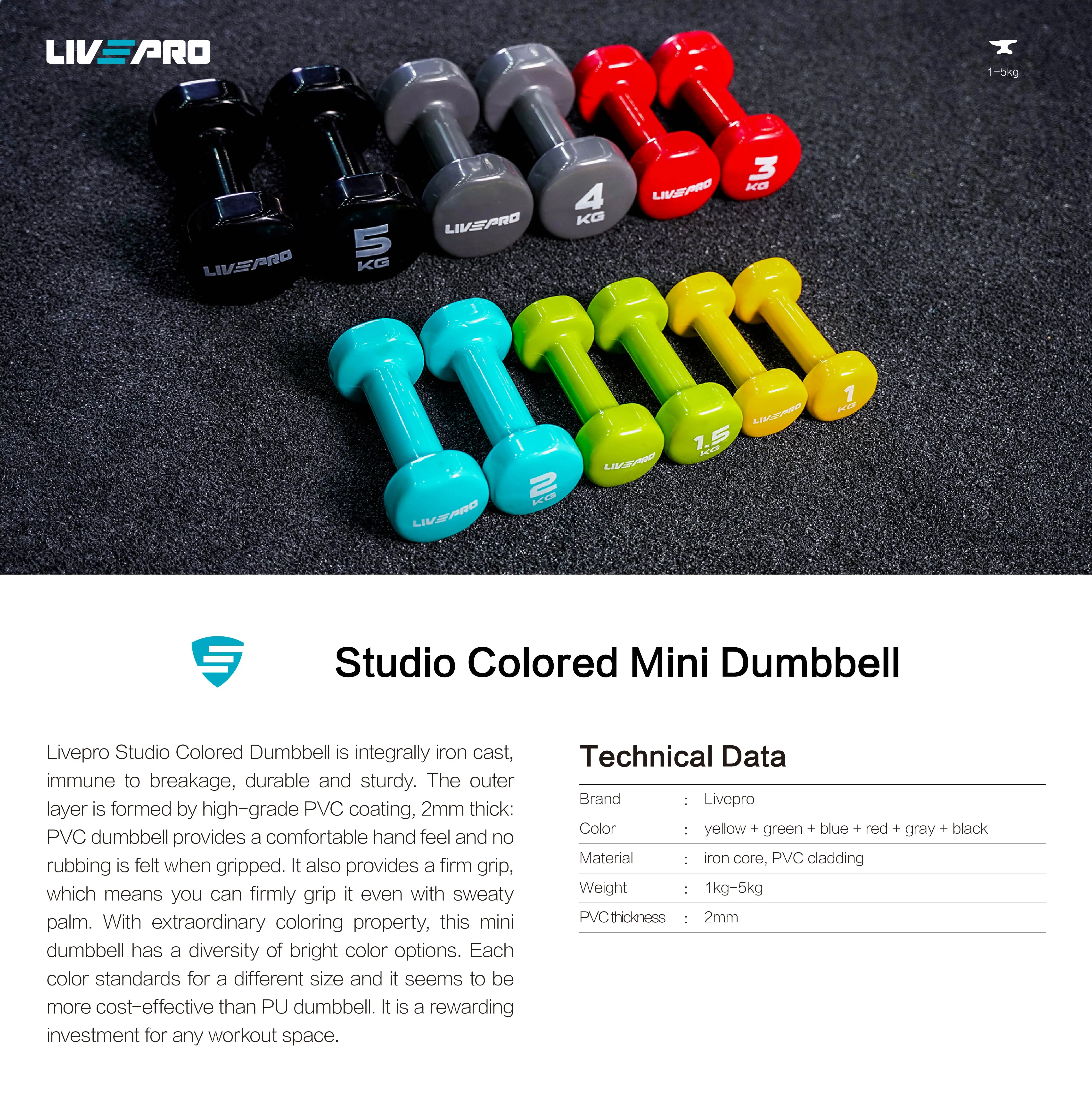 Livepro Manufacturer Wholesale Dumbbell 1-5kg Vinyl Coated Aerobic Hex ...