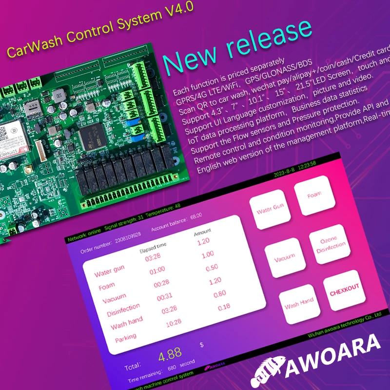 AWOARA V5 car wash mainboard token cash/coin/card/scan QR equipment ...