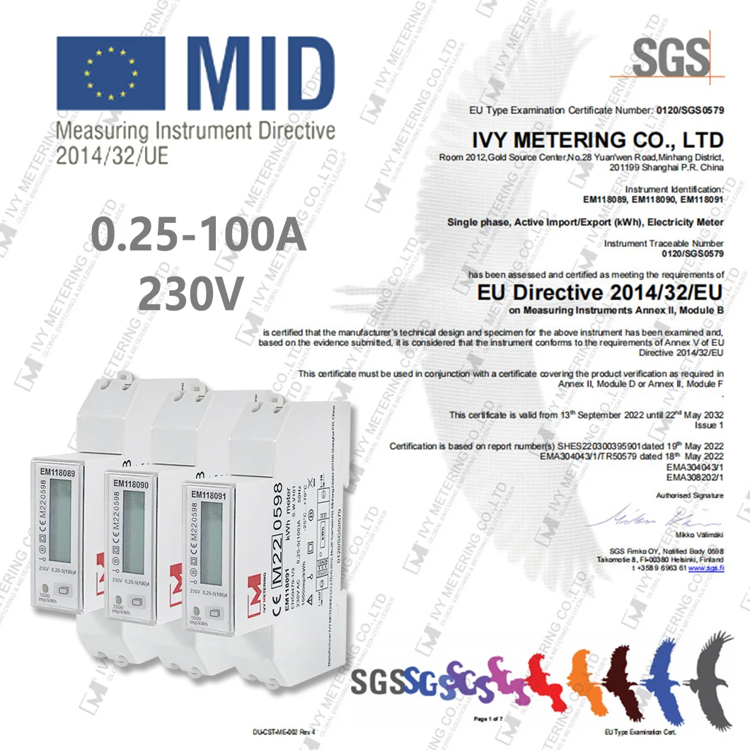 32A MID Certificate 1 Phase Multi Tariff EV Charging Energy Meter With ...