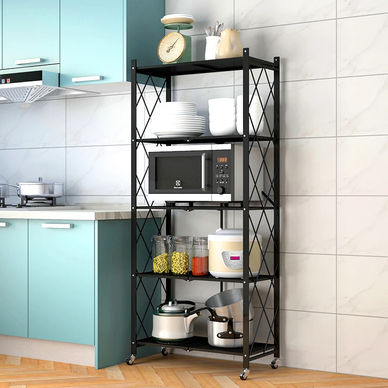 4 Layers Shelves Foldable Metal Shelf Rack Mobile Kitchen Storage ...