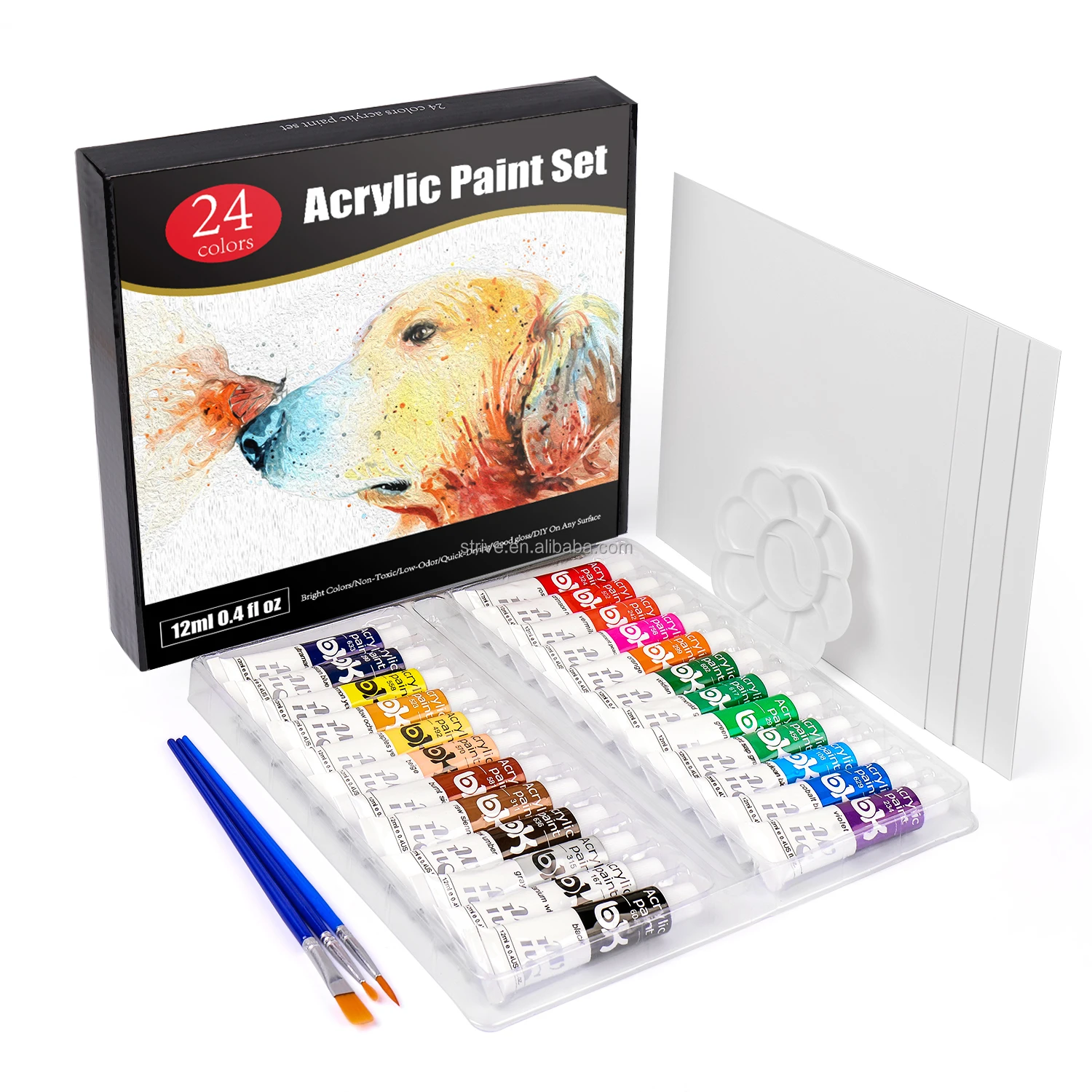 Acrylic Paint Set - 24 High Quality Colors with Brush