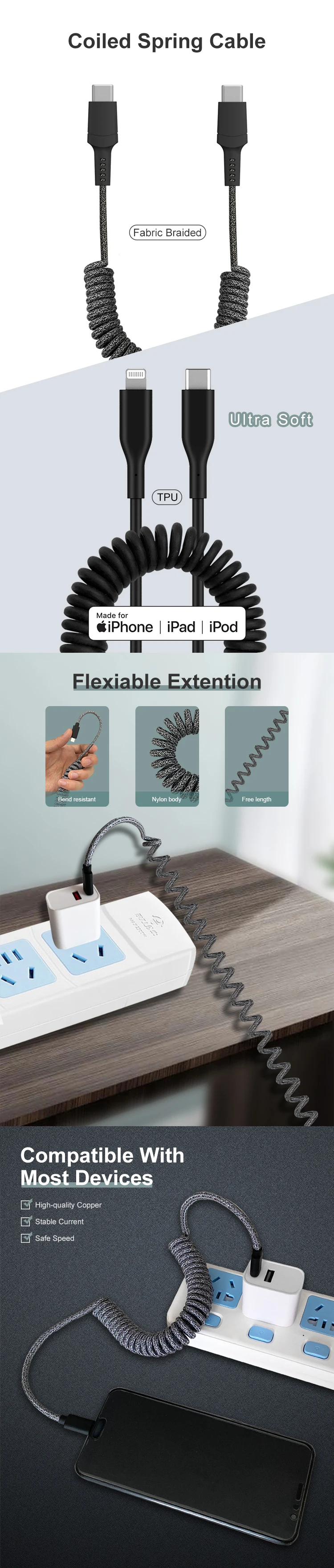 Spiral Curly Braided Type C PD USB Data Cable - Durable & Fast Charging
