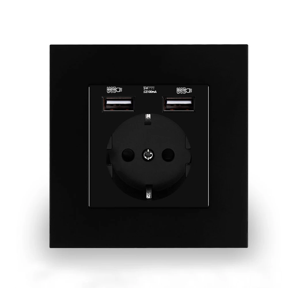 Wall USB Socket - 16A EU Standard with Double USB Outlets