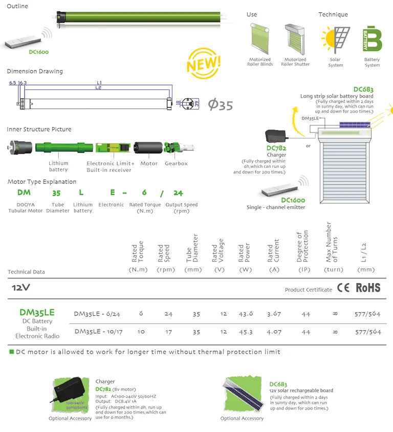 Dooya DM35LE Tubular Motor - Smart Remote Control Curtains