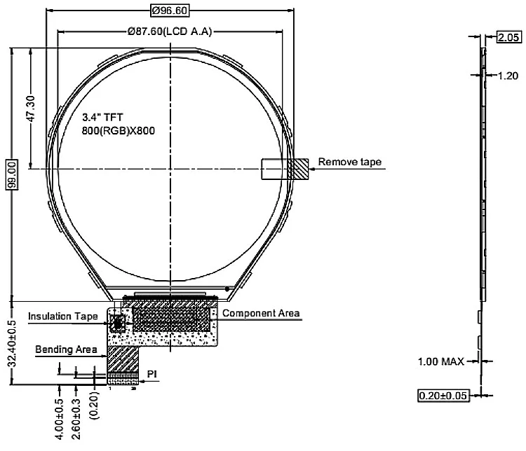 3.4 Inch 800*800 Mipi Dsi Round Tft Lcd Display Ili9881c 39pin Circular ...