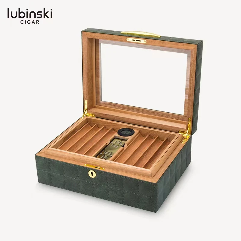 LUBINSKI Mini Cedar Wood Humidor - Classic Leather & Glass Cigar Case ...