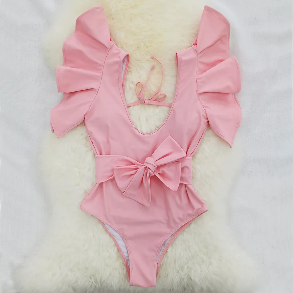 Vintage One Piece Swimsuit 2021 Shoulder Ruffle Swimwear Women Belt