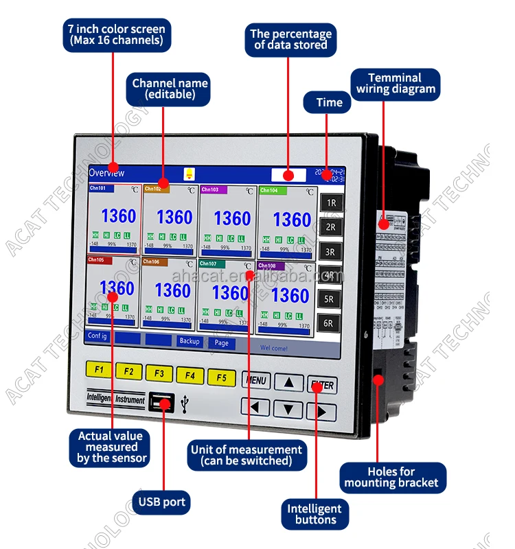 Smart Data Logger 1-16 Multi Channels Paperless Recorder RS485 4-20mA Temperature Pressure ...