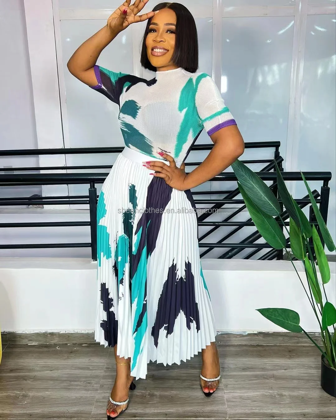 Autumn Fashion Pleated Floral Print Two Piece Set Women Raglan Sleeve ...