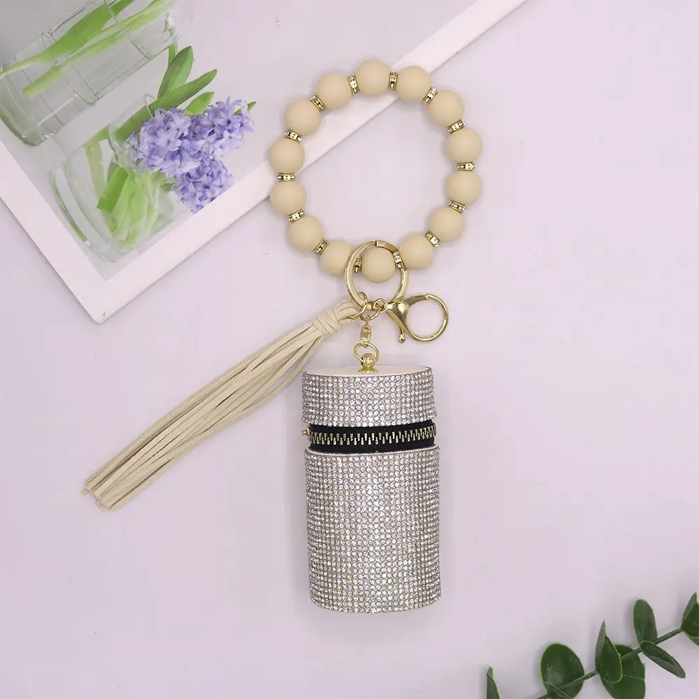 Women's Rhinestone Safety Lipstick Case Keychain Mini Money Bag Beaded ...