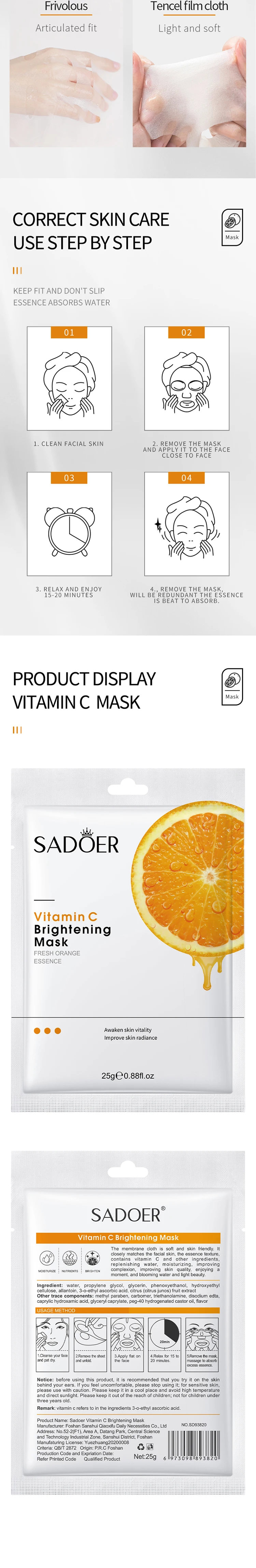 Korean SADOER Vitamin C Face Masks - Moisturizing & Firming
