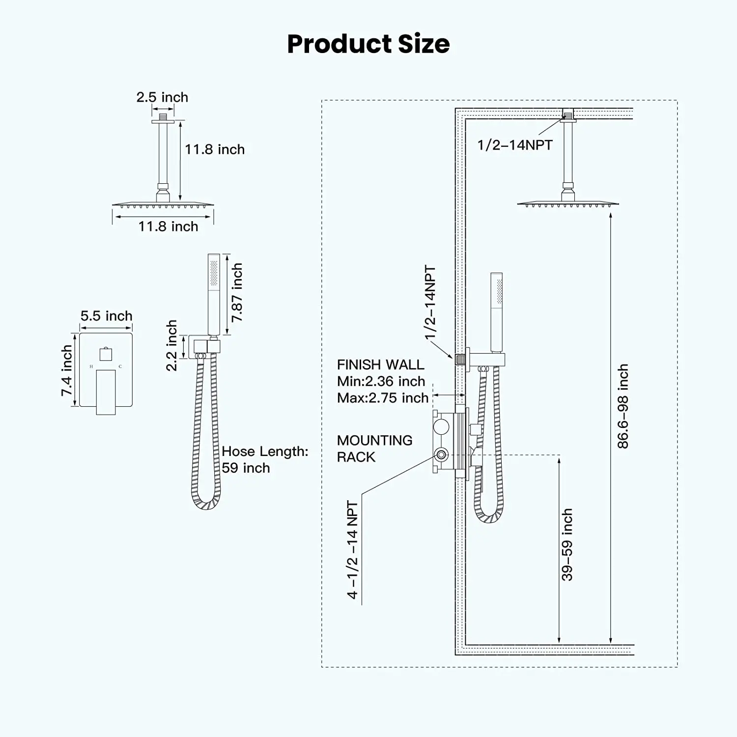 In Wall Bathroom 3 Function Black Shower Faucet Combo Rainfall Shower ...