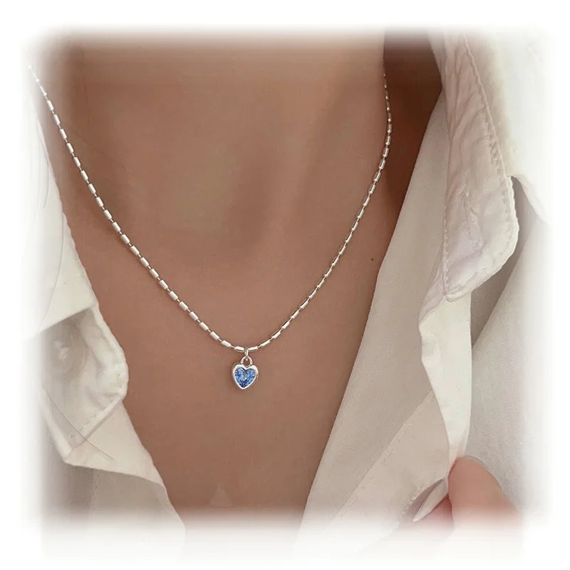 Carline Pure Sterling 925 Silver Blue Zircon Love Heart Pendant Necklace For Women Light Luxury ...