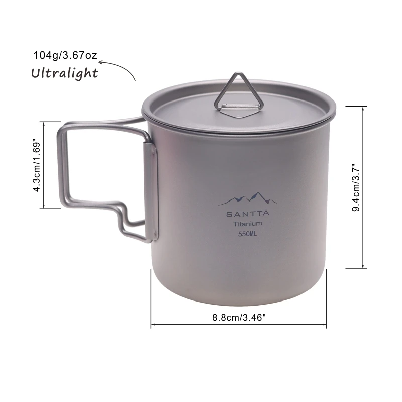 Ultralight Solid Titanium 550mL Camping Mug with Lid and Folding Handle ...