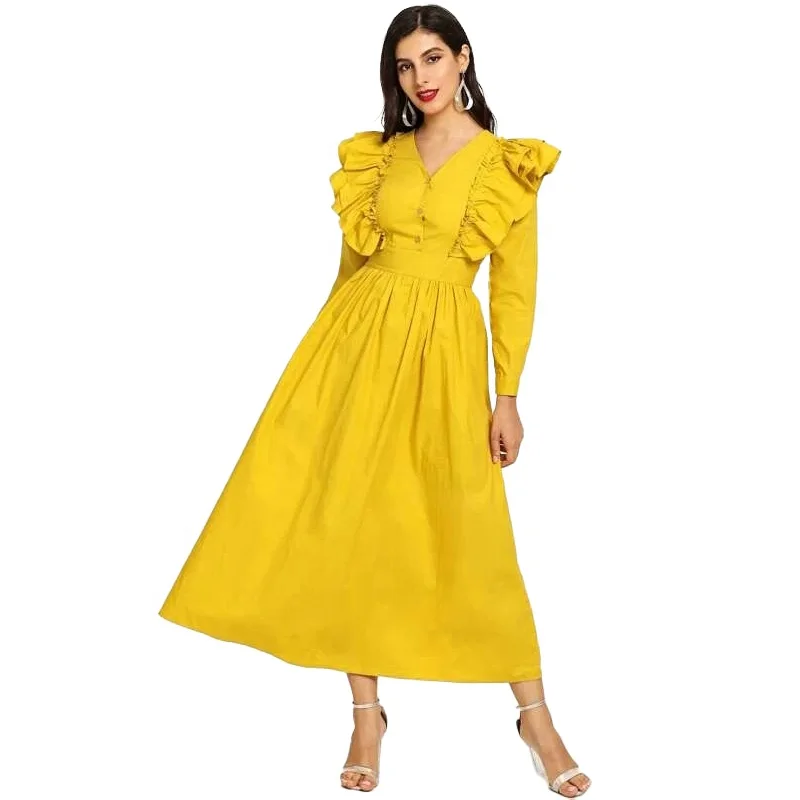 Manni Custom Ruffle Maxi Dress Women Yellow Casual Long Dress Elegant ...