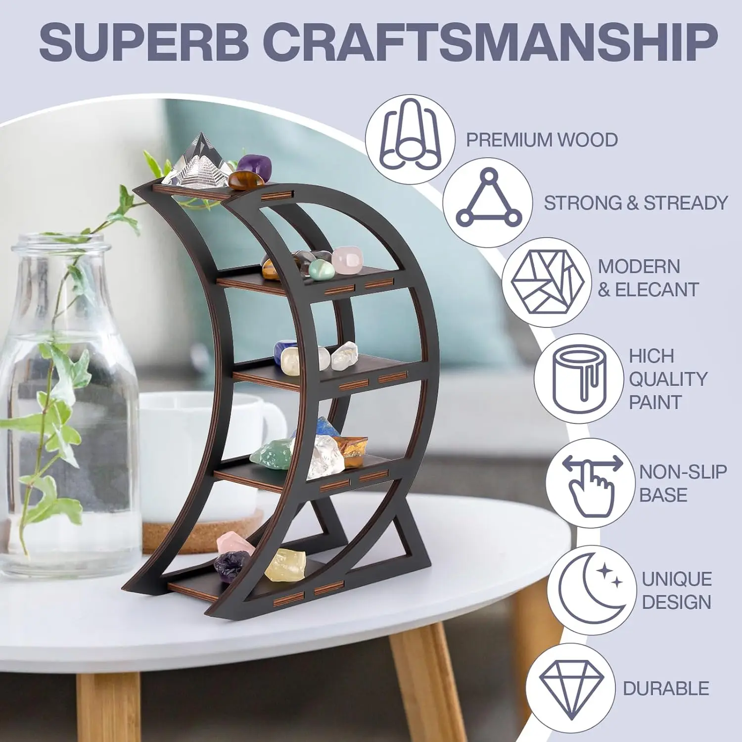 Exquisite Wooden Crystal Display Floating Shelf Wooden Holder Moon ...