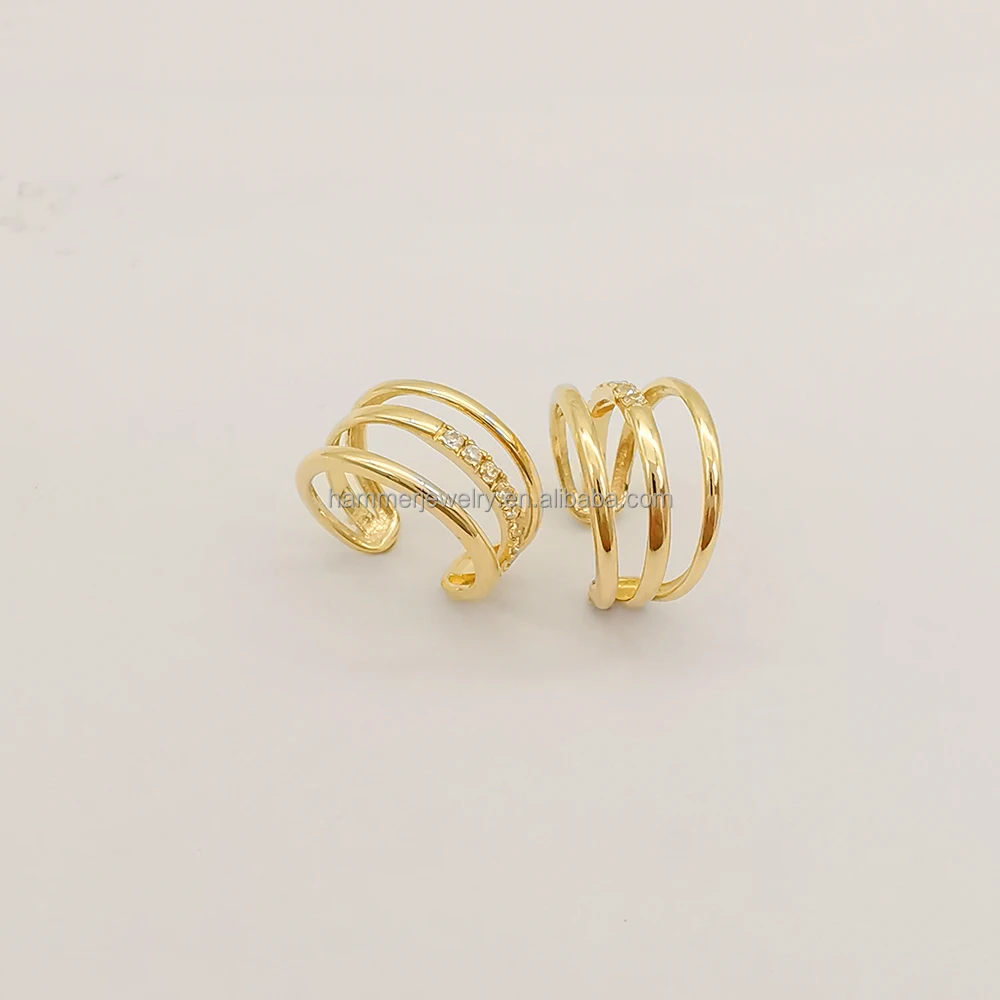 AU585 Real Gold Trendy Double Layered Ear Cuff 14K Solid Gold With Zircon Clip on Earring Ear ...